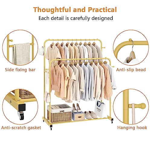 Laiensia Double Rods Garment Rack with Wheels, Clothing Rack for Hanging Clothes,4 Hooks, Multi-Functional Bedroom Clothes Rack, Gold