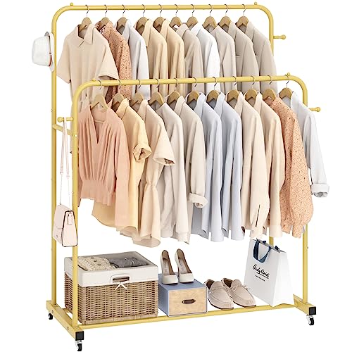 Laiensia Double Rods Garment Rack with Wheels, Clothing Rack for Hanging Clothes,4 Hooks, Multi-Functional Bedroom Clothes Rack, Gold