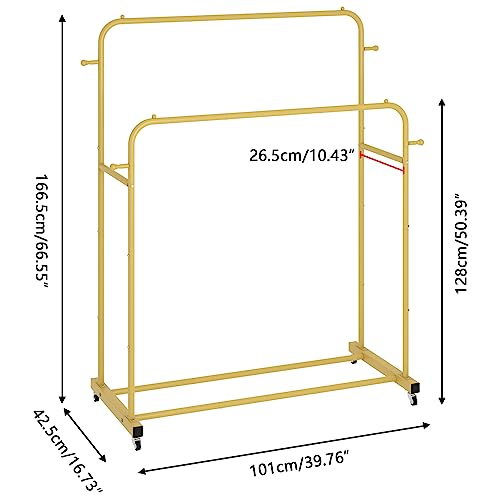 Laiensia Double Rods Garment Rack with Wheels, Clothing Rack for Hanging Clothes,4 Hooks, Multi-Functional Bedroom Clothes Rack, Gold