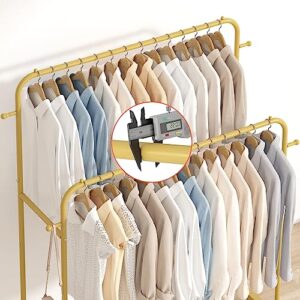 Laiensia Double Rods Garment Rack with Wheels, Clothing Rack for Hanging Clothes,4 Hooks, Multi-Functional Bedroom Clothes Rack, Gold