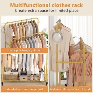 Laiensia Double Rods Garment Rack with Wheels, Clothing Rack for Hanging Clothes,4 Hooks, Multi-Functional Bedroom Clothes Rack, Gold