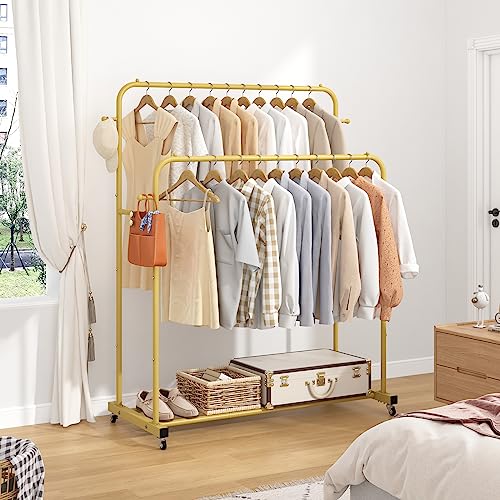 Laiensia Double Rods Garment Rack with Wheels, Clothing Rack for Hanging Clothes,4 Hooks, Multi-Functional Bedroom Clothes Rack, Gold