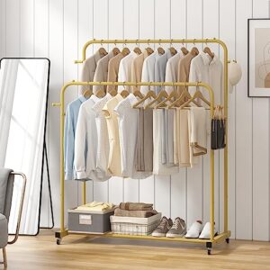 Laiensia Double Rods Garment Rack with Wheels, Clothing Rack for Hanging Clothes,4 Hooks, Multi-Functional Bedroom Clothes Rack, Gold