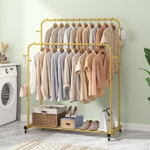 Laiensia Double Rods Garment Rack with Wheels, Clothing Rack for Hanging Clothes,4 Hooks, Multi-Functional Bedroom Clothes Rack, Gold