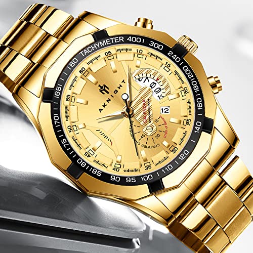 BENYAR Mens Watches, Chronograph Analog Quartz Movement Men's Watch, Stylish Sports Designer Men's Wrist Watch, Waterproof Luminous Watches for Men, Golden