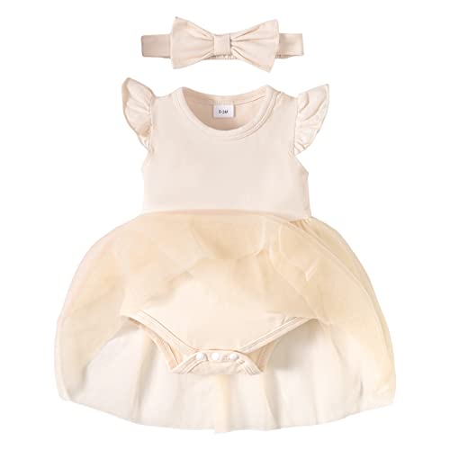 SOBOWO Beige Baby Girl Dress Infant Baby Girl Ruffle Sleeveless Tulle Romper Onsies Dresses Summer Clothes Outfits with Headband(0-3 Months, Beige S)