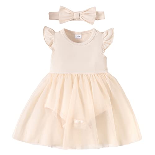 SOBOWO Beige Baby Girl Dress Infant Baby Girl Ruffle Sleeveless Tulle Romper Onsies Dresses Summer Clothes Outfits with Headband(0-3 Months, Beige S)