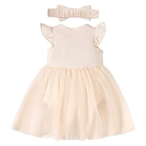 SOBOWO Beige Baby Girl Dress Infant Baby Girl Ruffle Sleeveless Tulle Romper Onsies Dresses Summer Clothes Outfits with Headband(0-3 Months, Beige S)