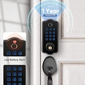 Front Door Lock Set, Keyless Entry Door Lock with Handle, APP Control Fingerprint Door Lock, 150 Codes Keyed Entry Smart Deadbolt, Auto Lock, Backlit