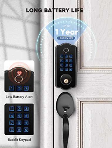 Front Door Lock Set, Keyless Entry Door Lock with Handle, APP Control Fingerprint Door Lock, 150 Codes Keyed Entry Smart Deadbolt, Auto Lock, Backlit