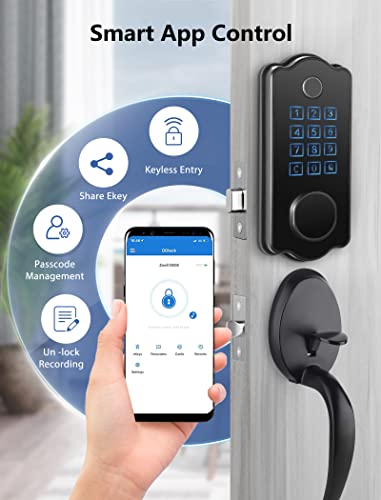 Front Door Lock Set, Keyless Entry Door Lock with Handle, APP Control Fingerprint Door Lock, 150 Codes Keyed Entry Smart Deadbolt, Auto Lock, Backlit