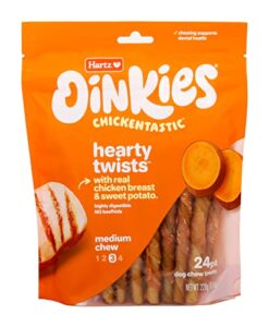 hartz oinkies chickentastic hearty twists dog treats with real chicken breast, sweet potato, and smoked pork, long-lasting yet highly digestible, 24 count