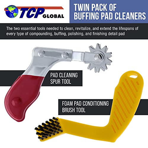 TCP Global Polishing and Buffing Pad Cleaning Spur Tool and Foam Pad Conditioning Brush - Clean Recondition Polisher Buffer Wool Compound & Polish Pads - Revitalize Microfiber Bonnets, Auto Detailing