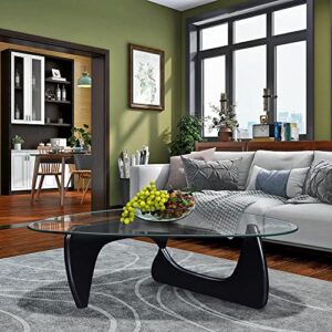 noguchi table triangle glass coffee table with solid wood base, modern tempered glass accent table, sofa side table for living room patio study office hotel (black, 0.472in)