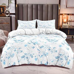 abosbeet blue flower duvet cover twin botanical garden floral comforter cover sets 1 pillowshame plant branch flower beding sets kids teens adults lightweight soft microfiber hidden zipper