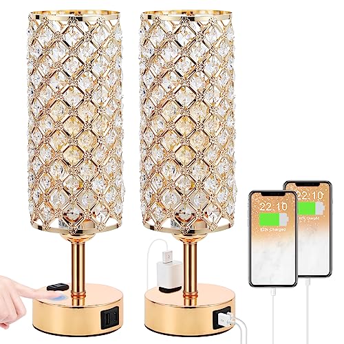 Hong-in Gold Lamps Set of 2, Dimmable Gold Lamps for Nightstand with USB-C+A & AC Charging Ports, 3-Way USB Crystal Lamp, Bedside Desk Light for Bedroom Living Room Home Office(Bulb Included)