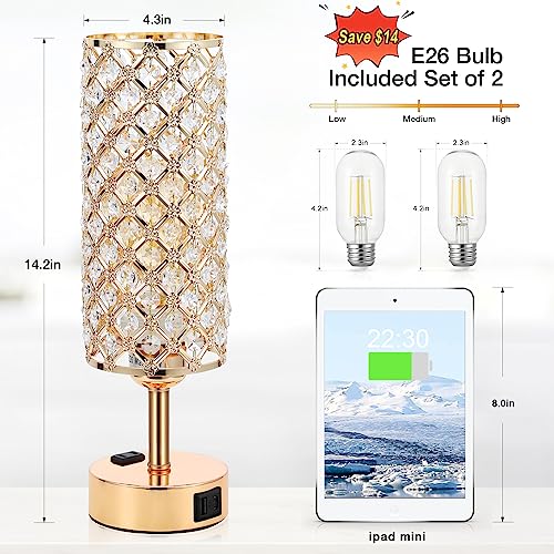 Hong-in Gold Lamps Set of 2, Dimmable Gold Lamps for Nightstand with USB-C+A & AC Charging Ports, 3-Way USB Crystal Lamp, Bedside Desk Light for Bedroom Living Room Home Office(Bulb Included)