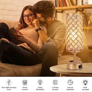 Hong-in Gold Lamps Set of 2, Dimmable Gold Lamps for Nightstand with USB-C+A & AC Charging Ports, 3-Way USB Crystal Lamp, Bedside Desk Light for Bedroom Living Room Home Office(Bulb Included)