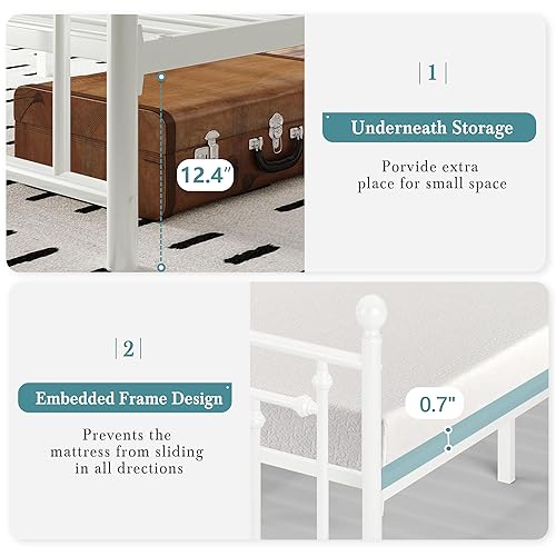 HOOMIC Queen Size Metal Platform Bed Frame/Victorian Style Iron-Art Headboard and Footboard / 14 Inches Mattress Foundation for Storage/No Box Spring Needed/Easy Assembly/Off-White