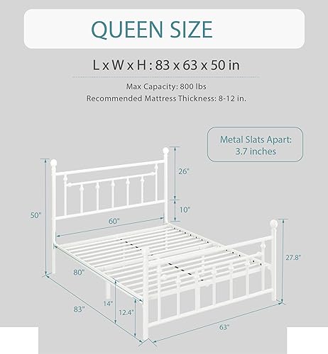 HOOMIC Queen Size Metal Platform Bed Frame/Victorian Style Iron-Art Headboard and Footboard / 14 Inches Mattress Foundation for Storage/No Box Spring Needed/Easy Assembly/Off-White