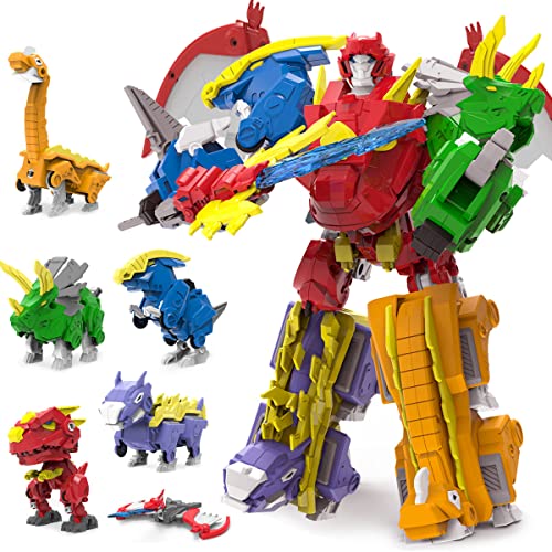 Wenbeier Robot Dinosaur Toys 6-in-1 Combined Large Robot Toys Take Apart Toys Including 6 Dinosaur Action Figures -Triceratops Deformation Toys for Kids 6-12（10“）