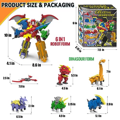 Wenbeier Robot Dinosaur Toys 6-in-1 Combined Large Robot Toys Take Apart Toys Including 6 Dinosaur Action Figures -Triceratops Deformation Toys for Kids 6-12（10“）