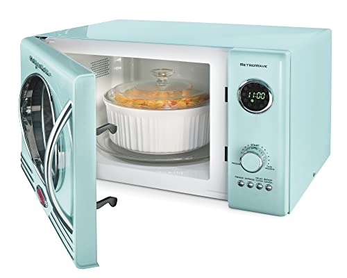 Nostalgia Retro Countertop Microwave Oven, 0.9 Cu. Ft. 800-Watts with LED Digital Display, Child Lock, Easy Clean Interior, Aqua & Retro Wide 2-Slice Toaster, Vintage Design With Crumb Tray, Aqua