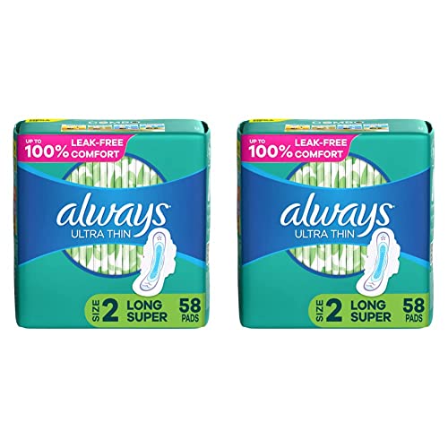 Always Ultra Thin Feminine Pads for Women, Size 2 Long Super Absorbency, with Wings, Unscented, 58 Count (Pack of 2)