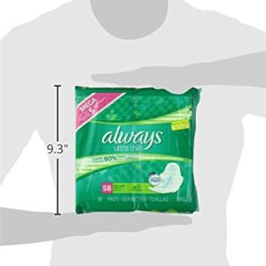 Always Ultra Thin Feminine Pads for Women, Size 2 Long Super Absorbency, with Wings, Unscented, 58 Count (Pack of 2)