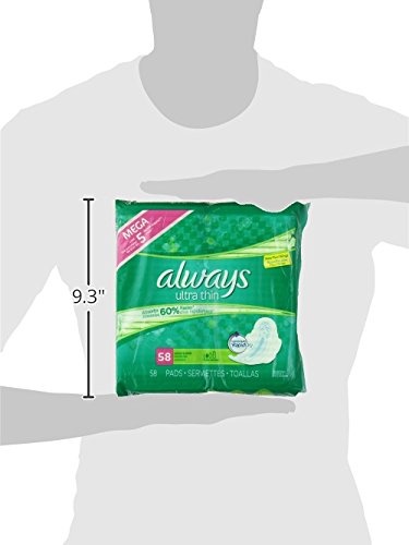 Always Ultra Thin Feminine Pads for Women, Size 2 Long Super Absorbency, with Wings, Unscented, 58 Count (Pack of 2)