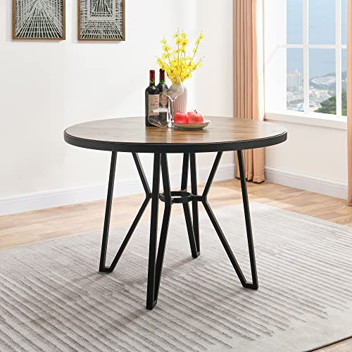 JESONVID Round Industrial Wood Dining Room Table for 6 Person 48in Mid Century Kitchen Dining Table with Black Metal Frame and Metal Eedge, Antique Brown+Black 201248RC