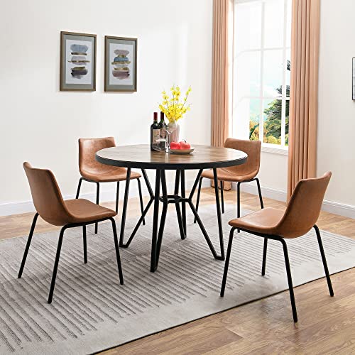 JESONVID Round Industrial Wood Dining Room Table for 6 Person 48in Mid Century Kitchen Dining Table with Black Metal Frame and Metal Eedge, Antique Brown+Black 201248RC