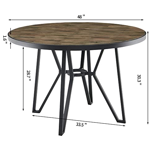 JESONVID Round Industrial Wood Dining Room Table for 6 Person 48in Mid Century Kitchen Dining Table with Black Metal Frame and Metal Eedge, Antique Brown+Black 201248RC