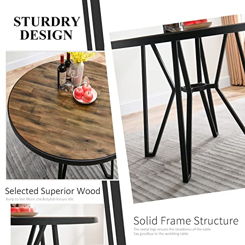 JESONVID Round Industrial Wood Dining Room Table for 6 Person 48in Mid Century Kitchen Dining Table with Black Metal Frame and Metal Eedge, Antique Brown+Black 201248RC