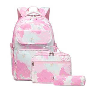 robhomily 3pcs girls backpack with lunch box for elementary middle school 17 inch kids backpack with lunch bag set waterproof,lightweight pink school backpack for teen girls