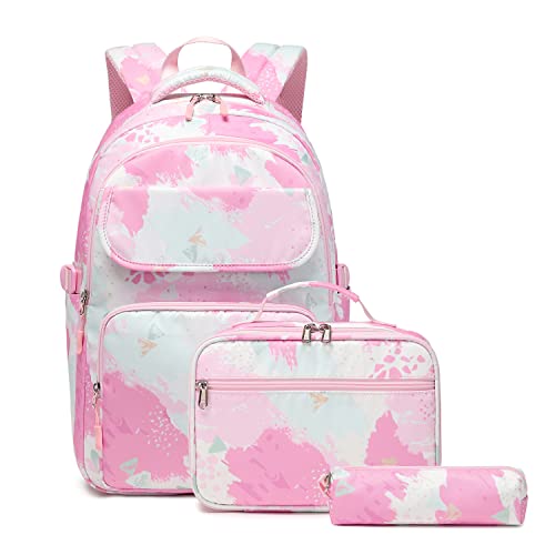 Robhomily 3pcs Girls Backpack with Lunch Box for Elementary Middle School 17 inch Kids Backpack with Lunch Bag Set Waterproof,Lightweight Pink School Backpack for Teen Girls