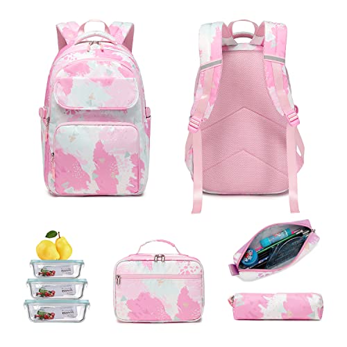 Robhomily 3pcs Girls Backpack with Lunch Box for Elementary Middle School 17 inch Kids Backpack with Lunch Bag Set Waterproof,Lightweight Pink School Backpack for Teen Girls