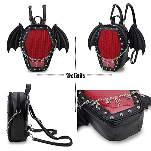 ENJOININ Gothic Coffin Shape Purses and Handbags for Women Halloween Shoulder Bag Ita Purse Backpack with Wings 2 Way