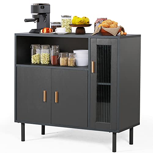 LAZZO Storage Cabinet Credenza Sideboard Buffet Cabinet with Glass Doors Free Standing Entry Coffee Bar Cabinet for Living Room, Hallway, Kitchen and Dining Room Grey