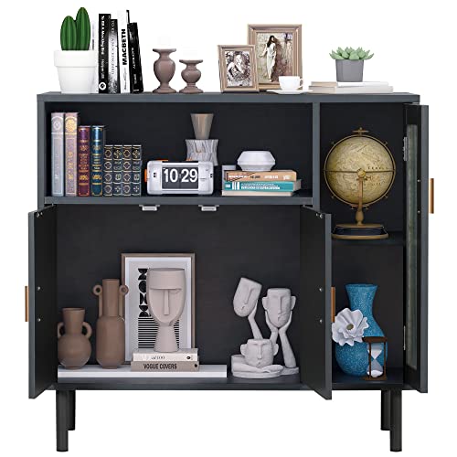 LAZZO Storage Cabinet Credenza Sideboard Buffet Cabinet with Glass Doors Free Standing Entry Coffee Bar Cabinet for Living Room, Hallway, Kitchen and Dining Room Grey