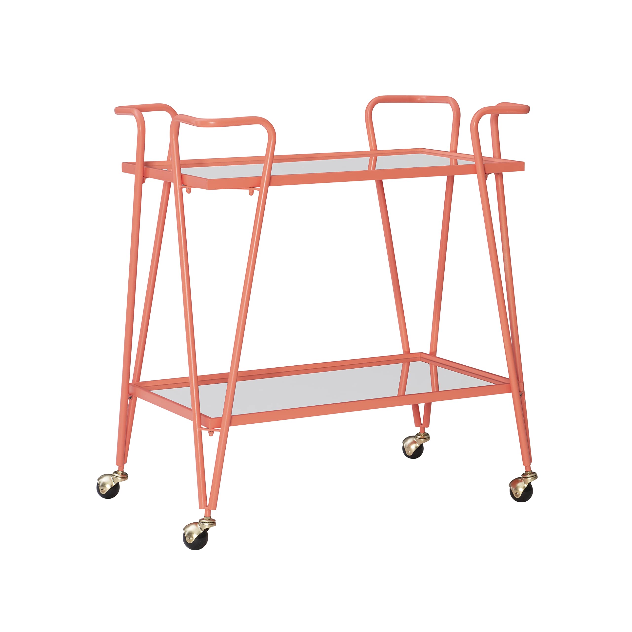 Linon Gina Coral Mid-Century Bar Cart with Mirrored Shelves and Locking Wheels