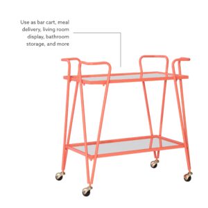 Linon Gina Coral Mid-Century Bar Cart with Mirrored Shelves and Locking Wheels