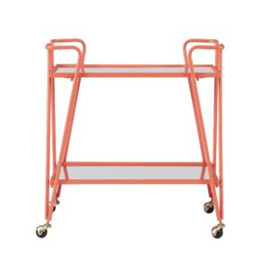 Linon Gina Coral Mid-Century Bar Cart with Mirrored Shelves and Locking Wheels