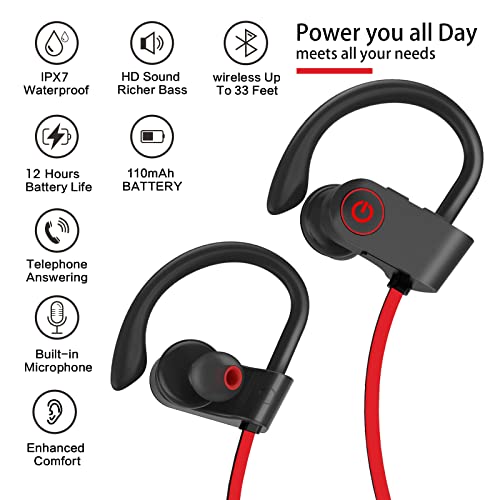 Enouke Bluetooth Headphones, Wireless Sports Earbuds IPX7 Waterproof with Mic, Stereo Sweatproof in-Ear Earphones, Noise Cancelling Headsets for Gym Running Workout, 12 Hours Playtime