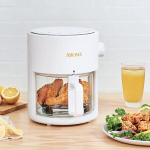 AROMA® Glass Air Fryer and Countertop Convection Oven with Powerful 360Crispy™ Technology (3 Quart), White