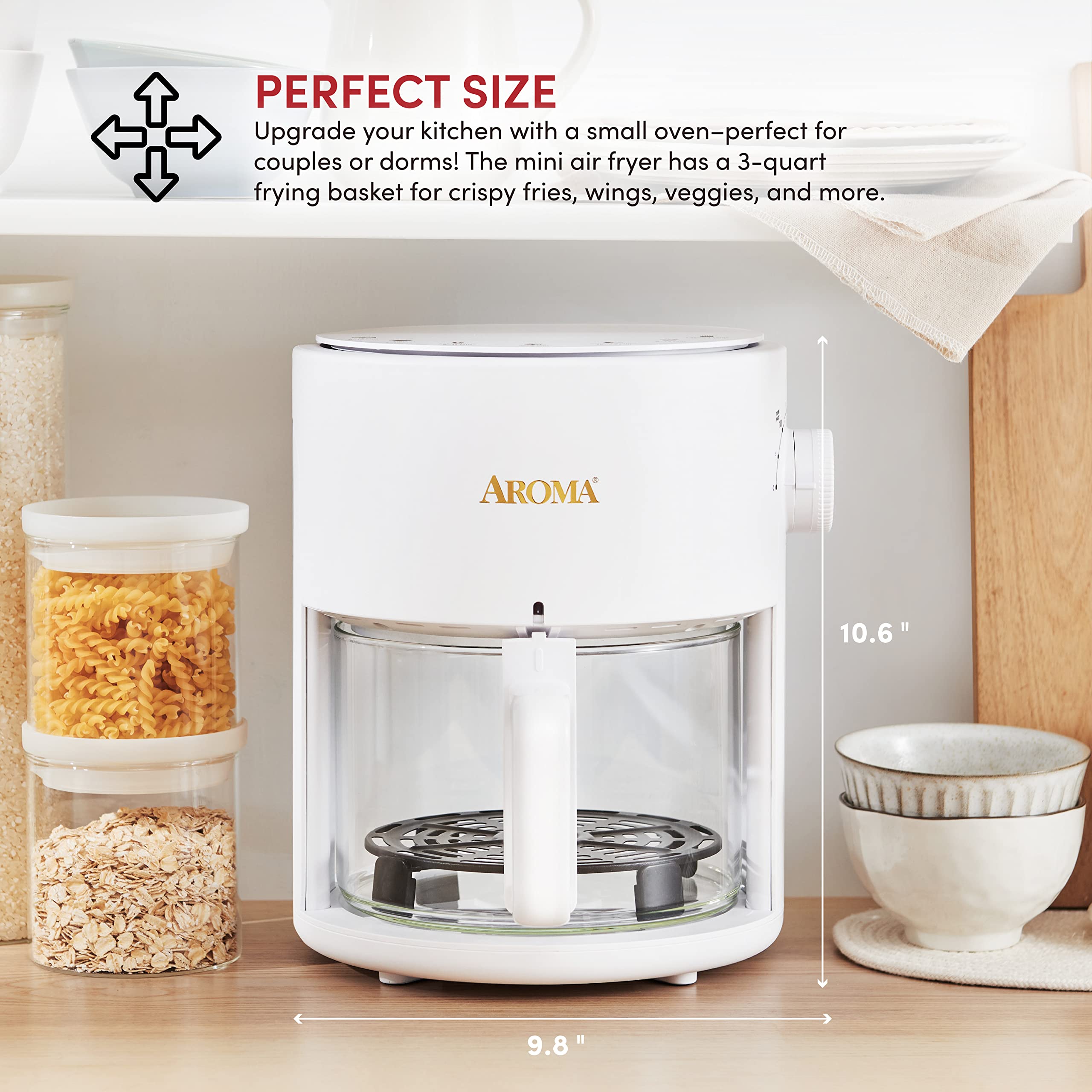 AROMA® Glass Air Fryer and Countertop Convection Oven with Powerful 360Crispy™ Technology (3 Quart), White