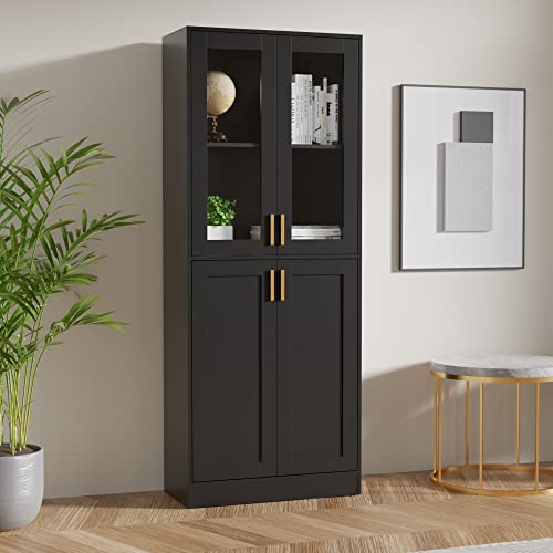 Cozy Castle 70" Tall Display Cabinet, Pantry Cabinet with Acrylic Glass Doors and Adjustable Shelves, China Cabinet, Office Storage Cabinet, Bookcase, Black