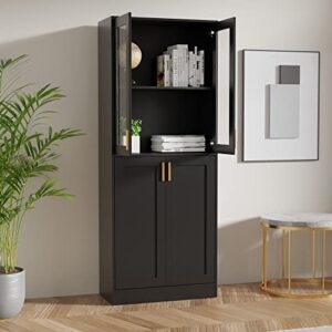 Cozy Castle 70" Tall Display Cabinet, Pantry Cabinet with Acrylic Glass Doors and Adjustable Shelves, China Cabinet, Office Storage Cabinet, Bookcase, Black