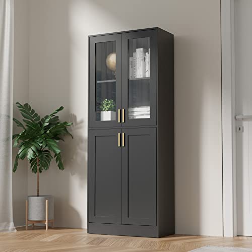 Cozy Castle 70" Tall Display Cabinet, Pantry Cabinet with Acrylic Glass Doors and Adjustable Shelves, China Cabinet, Office Storage Cabinet, Bookcase, Black