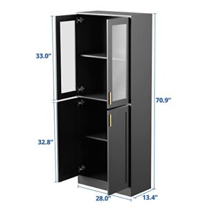 Cozy Castle 70" Tall Display Cabinet, Pantry Cabinet with Acrylic Glass Doors and Adjustable Shelves, China Cabinet, Office Storage Cabinet, Bookcase, Black